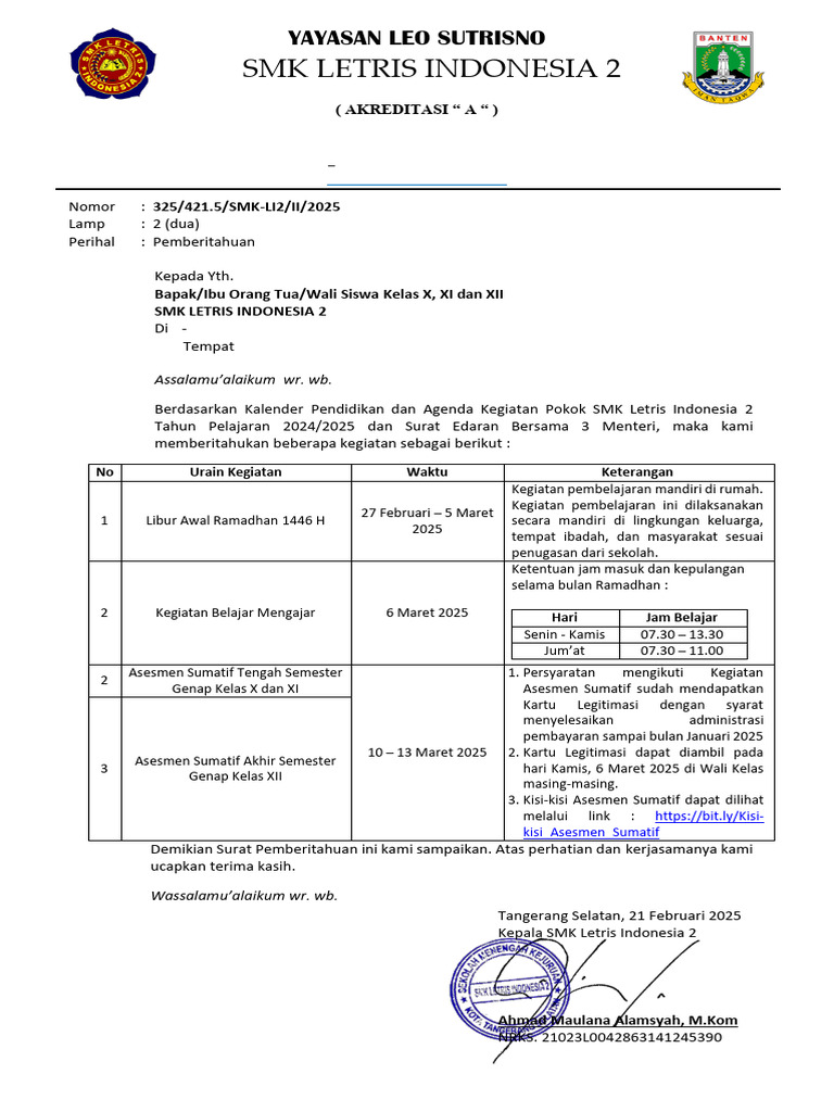 Agenda Kegiatan Ramadhan SMK Letris 2 | PDF