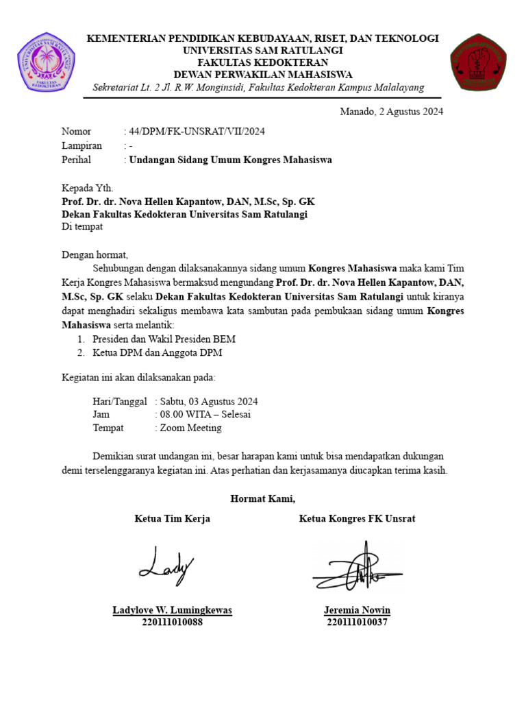 Undangan Kongres Mahasiswa Dekan | PDF