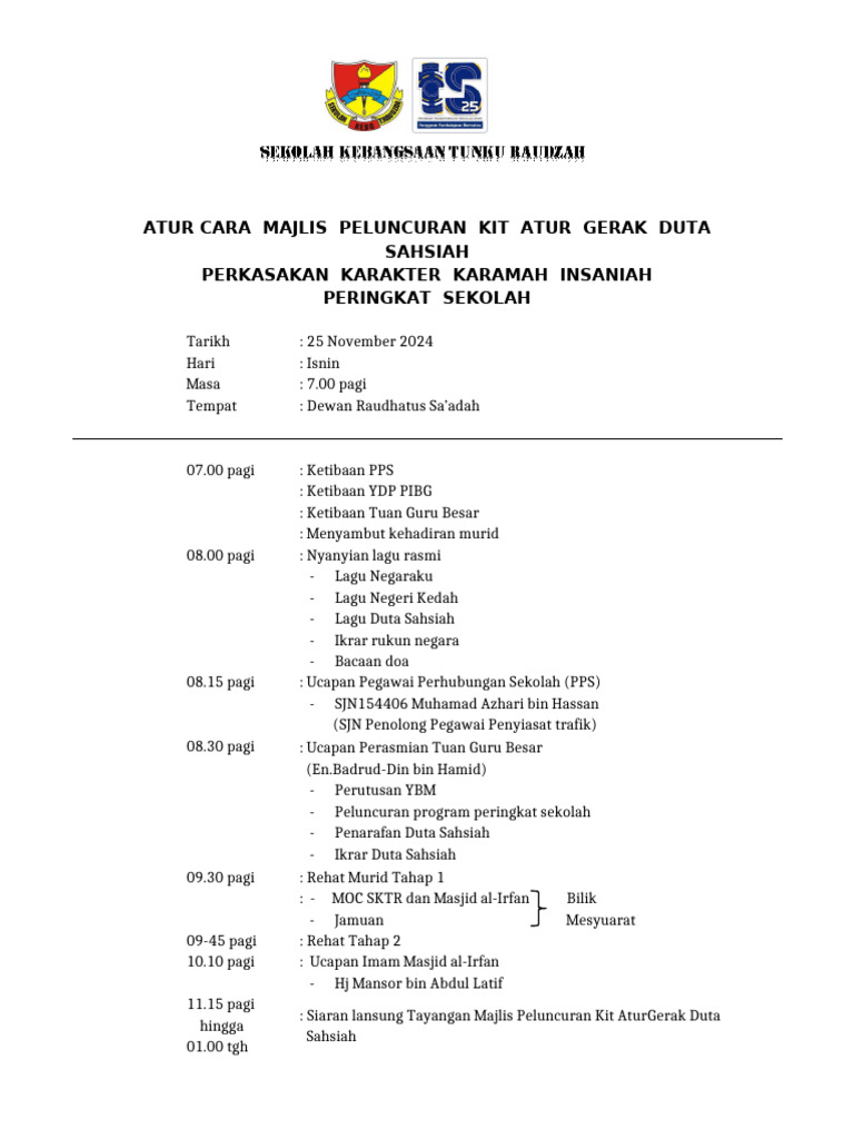 Aturcara Majlis Peluncuran Kit Atur Gerak Duta Sahsiah | PDF