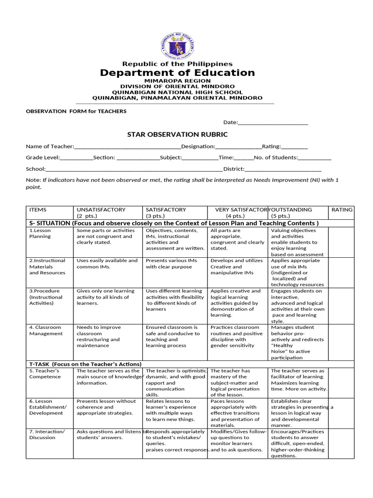 STAR-Observation-Rubric | PDF | Learning | Educational Assessment