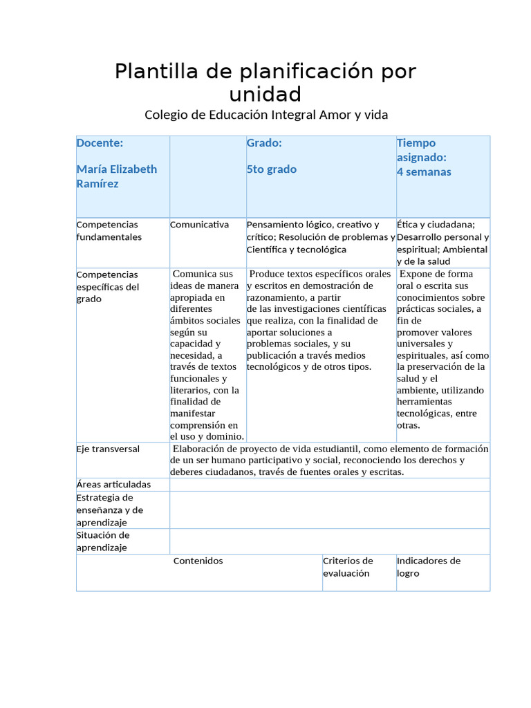 Plantilla de Planificación Por Unidad Primaria | PDF | Evaluación | Cognición