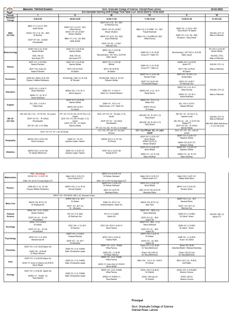 2025 Morning Shift Timetable - GGCS | PDF