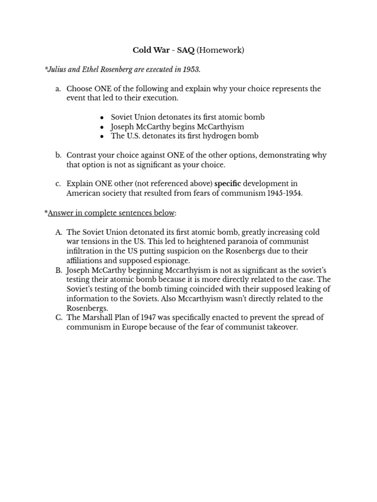 Cold War - SAQ (Homework) | PDF