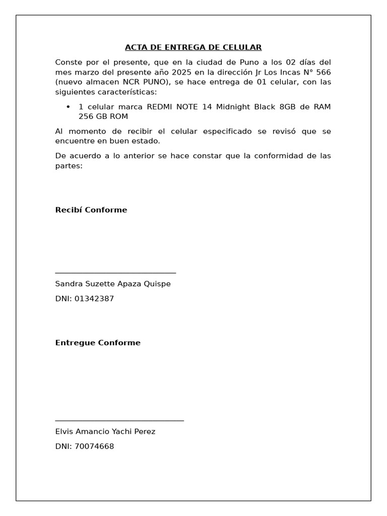 Acta de Entrega de Celular | PDF