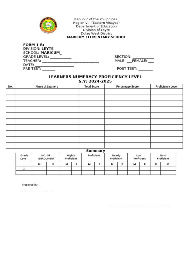 Score Sheet Numeracy Form 2023 2024 - 1b | PDF