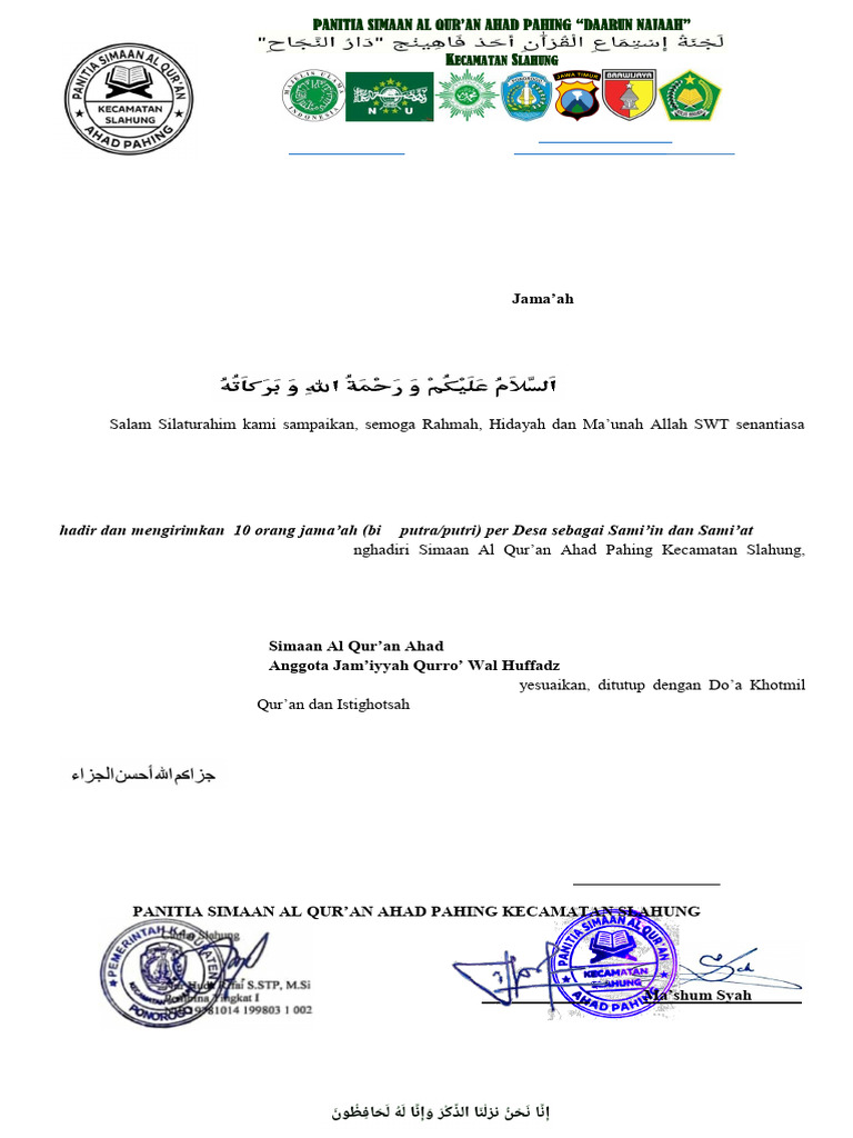 Undangan Simaan Al Qur'an Slahung 2025 | PDF