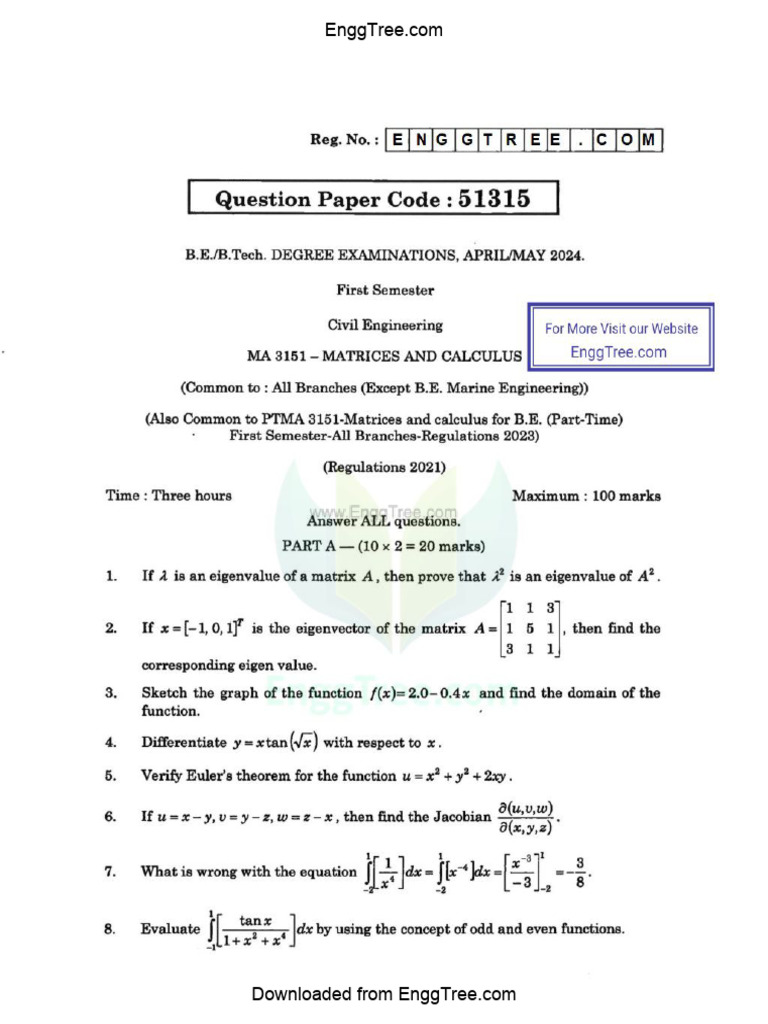 MA3151 Martices and Calculus Apr May 2024 Question Paper Download | PDF