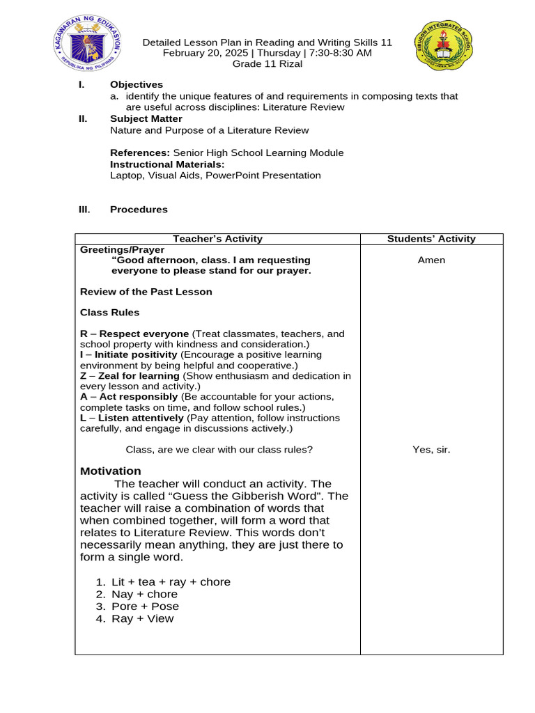 Reading and Writing Skills Lesson Plan February 20, 2025 | PDF ...