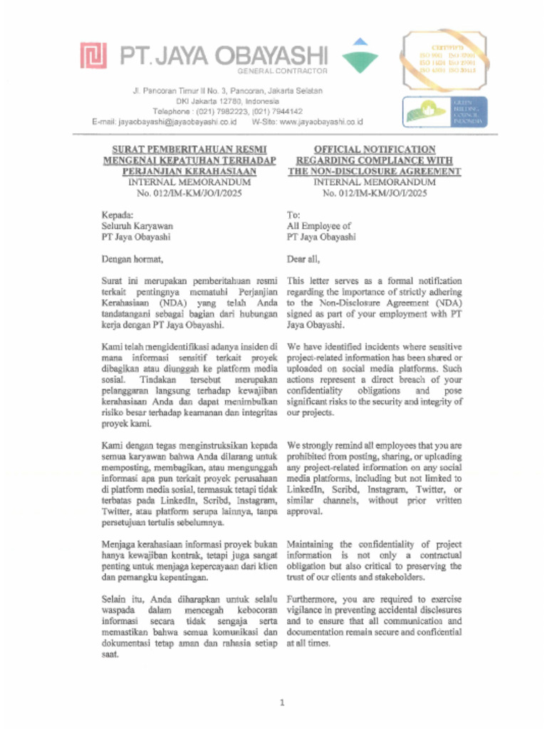 NDA Notification Letter to ALL Employee | PDF