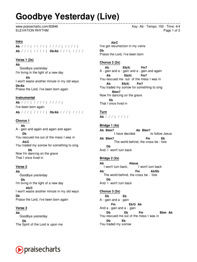 Goodbye Yesterday (Live) (ELEVATION RH... ) Chord Chart - Ab - 2 Column ...