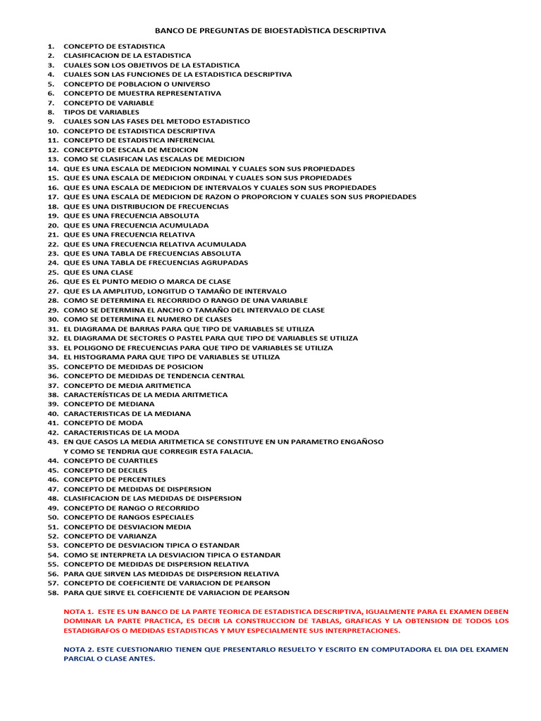 BANCO_DE_PREGUNTAS_DE_BIOESTADÌSTICA_DESCRIPTIVA_2024[1] | PDF | Nivel de medida | Estadísticas