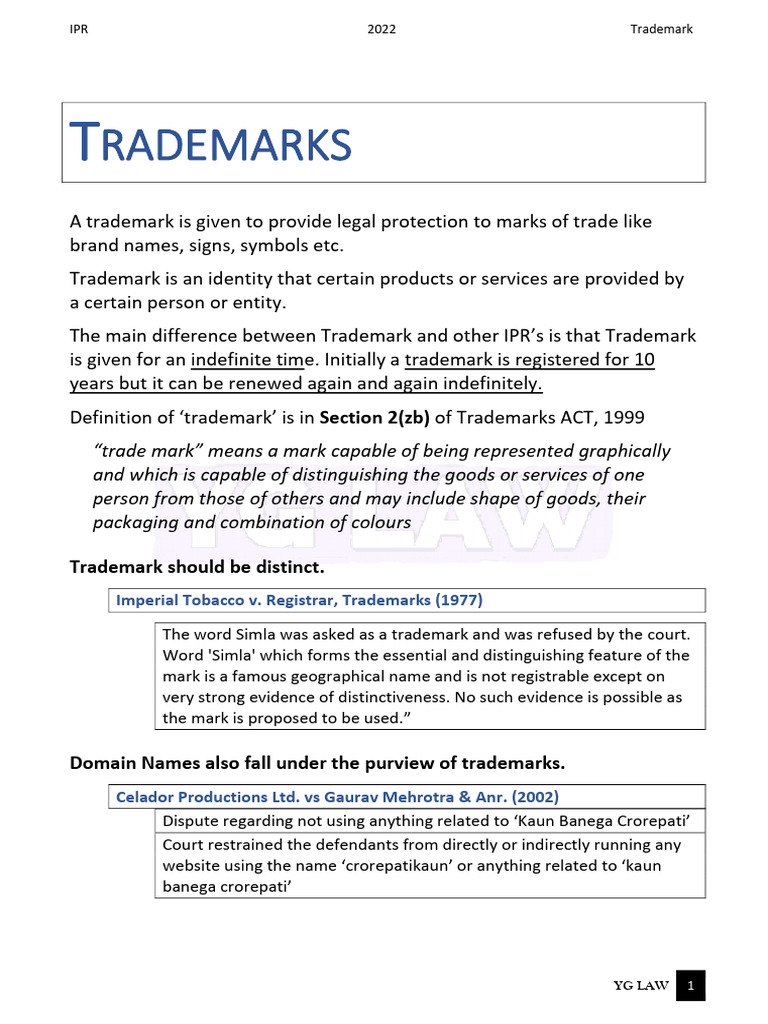 Trademark - IPR - YG Notes - 7171093 | PDF | Trademark | Trademark ...
