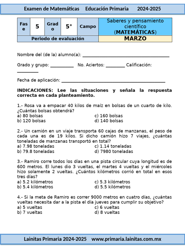 5to Grado Marzo - 10 Matem Ticas Examen (2024-2025) | PDF