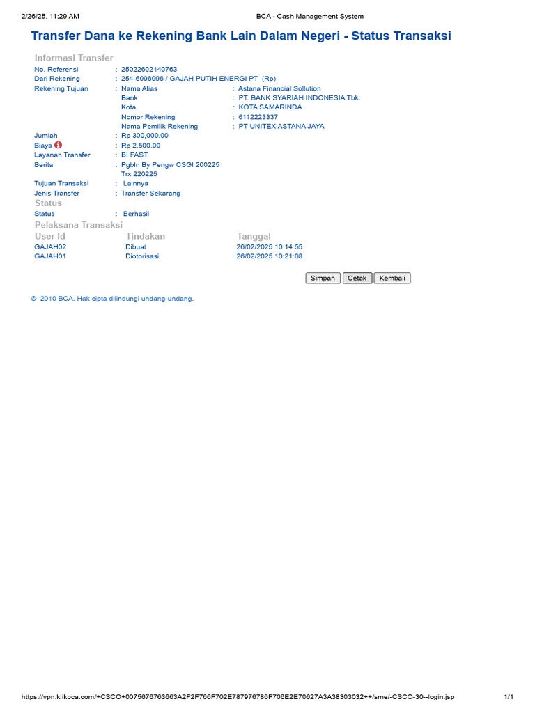 Pengembalian Talangan (TRX TGL 22022025) Biaya Pengawasan Pengantaran BBM Changseng - 20022025 ...