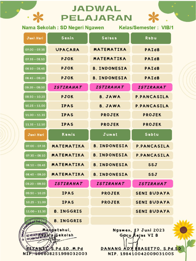 Jadwal Kelas 6b Semester 1 | PDF