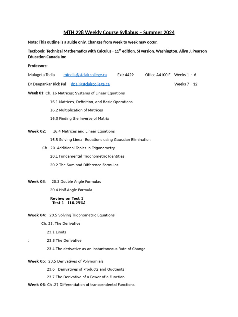 2024 Summer MTH 228 Weekly Course Syllabus | PDF | Trigonometric Functions | Derivative