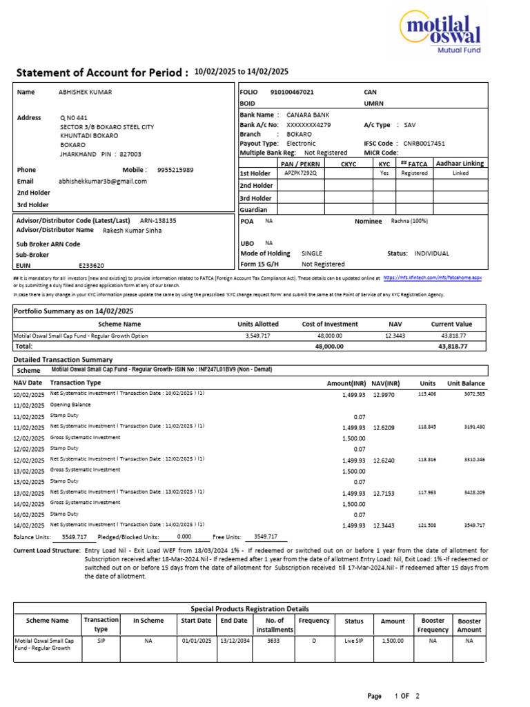Statement of Account For Period:: Portfolio Summary As On 14/02/2025 ...