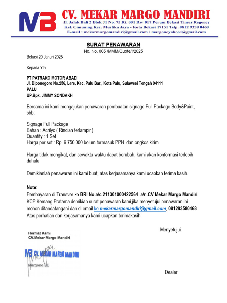 Penawaran Signage PT. PATRAKO MOTOR ABADI | PDF