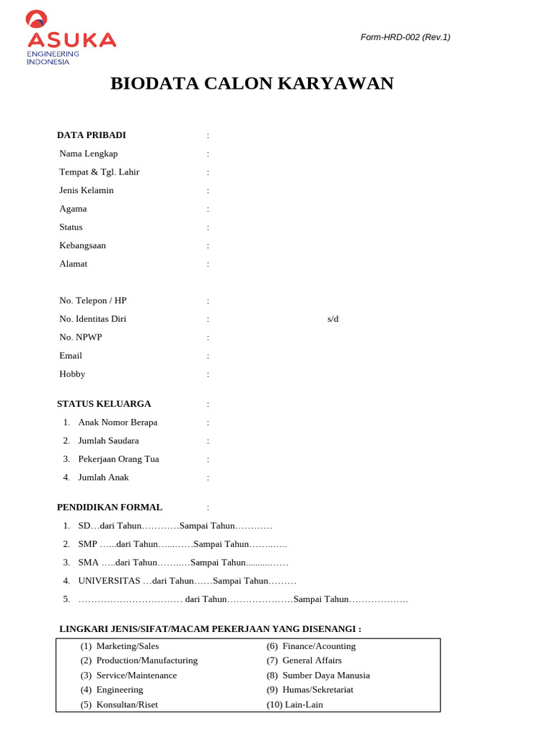 Form Baru Biodata Calon Karyawan | PDF