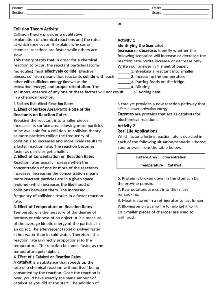 Colission Theory Activity | PDF | Reaction Rate | Chemical Reactions