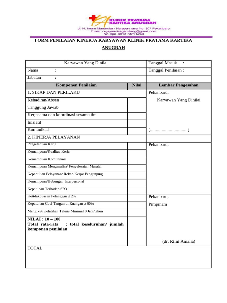 Form Penilaian Kinerja Karyawan Klinik | PDF
