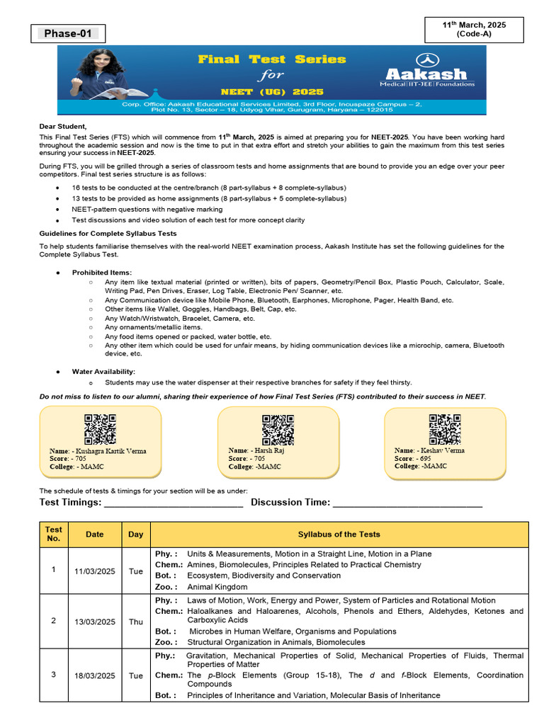 NEET 2025 Final Test Series Details | PDF | Chemistry | Atoms