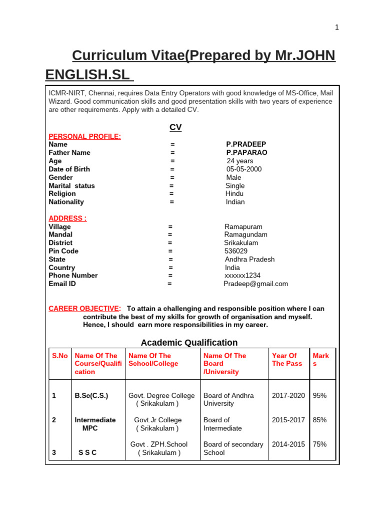 CV-Resume For Intermediate 2nd Year | PDF | Automated Teller Machine
