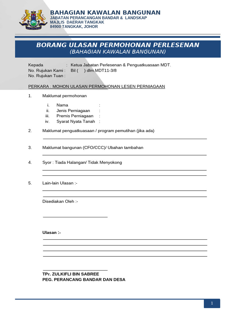 PB 11 - Borang Ulasan Permohonan Perlesenan | PDF