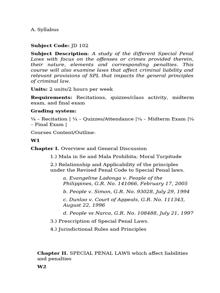 Syllabus SPL REVISED | PDF | Criminal Law | Justice