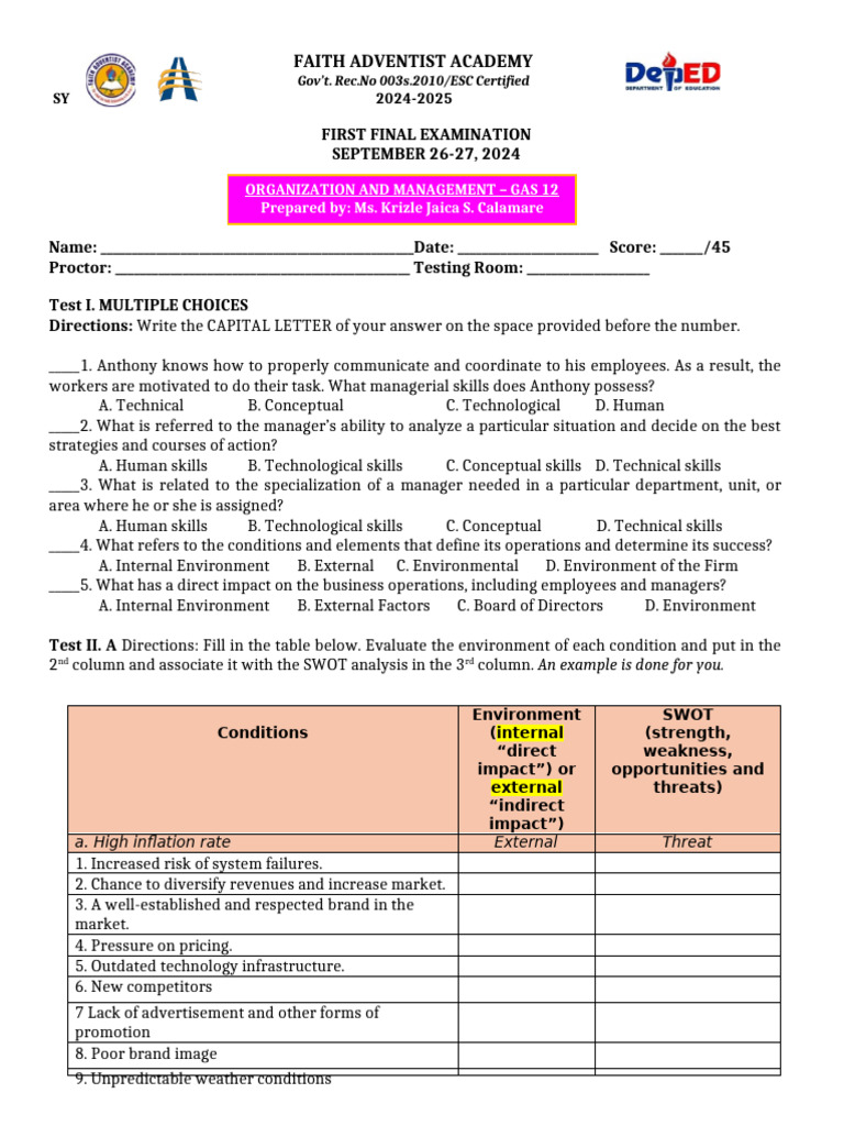 1st final Org. & Mgnt. Exam | PDF | Swot Analysis | Business Economics