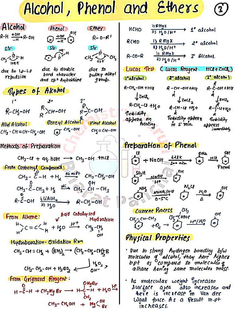 Alcohol, Phenol and Ethers Short Notes | PDF