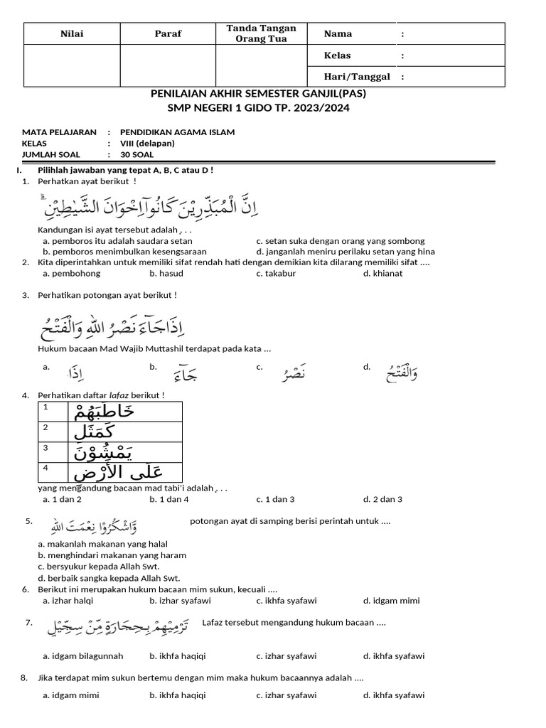 Soal Pas1 Pai 8 - 2023-2024 | PDF