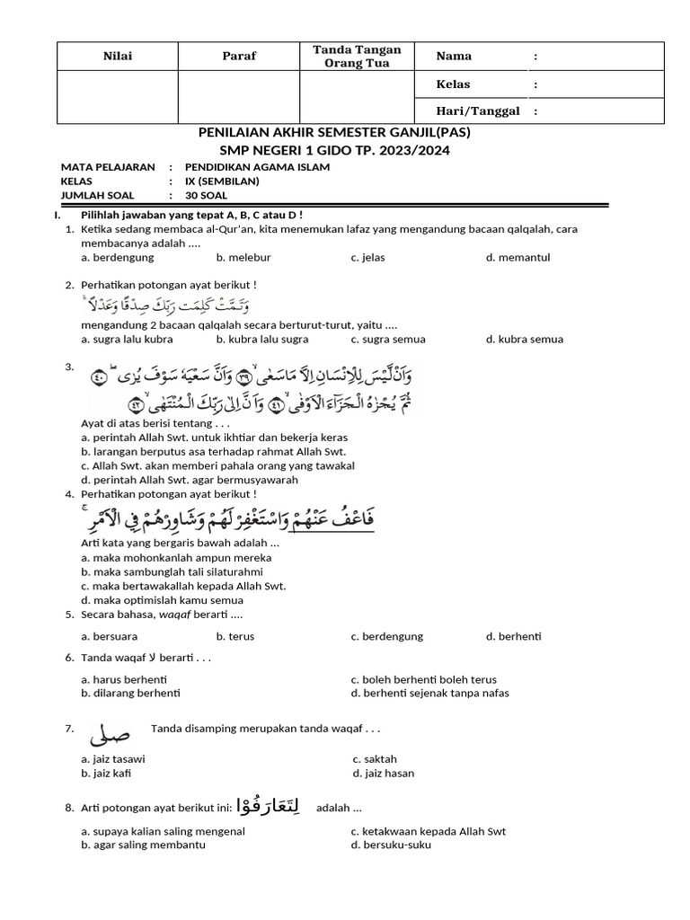 Soal Pas1 Pai 9 - 2023-2024 | PDF