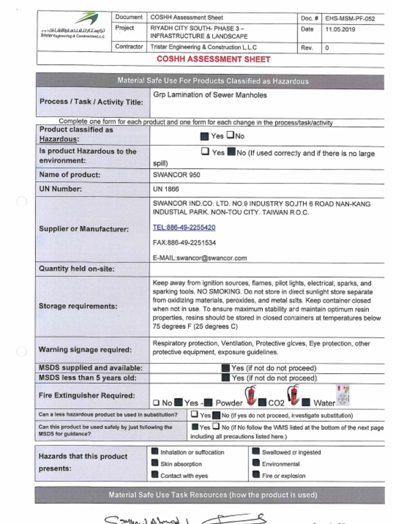COSHH Assessment sheet GRP Lamination | PDF