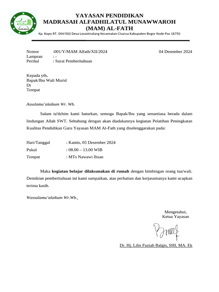 Surat Pemberitahuan Libur Sekolah | PDF
