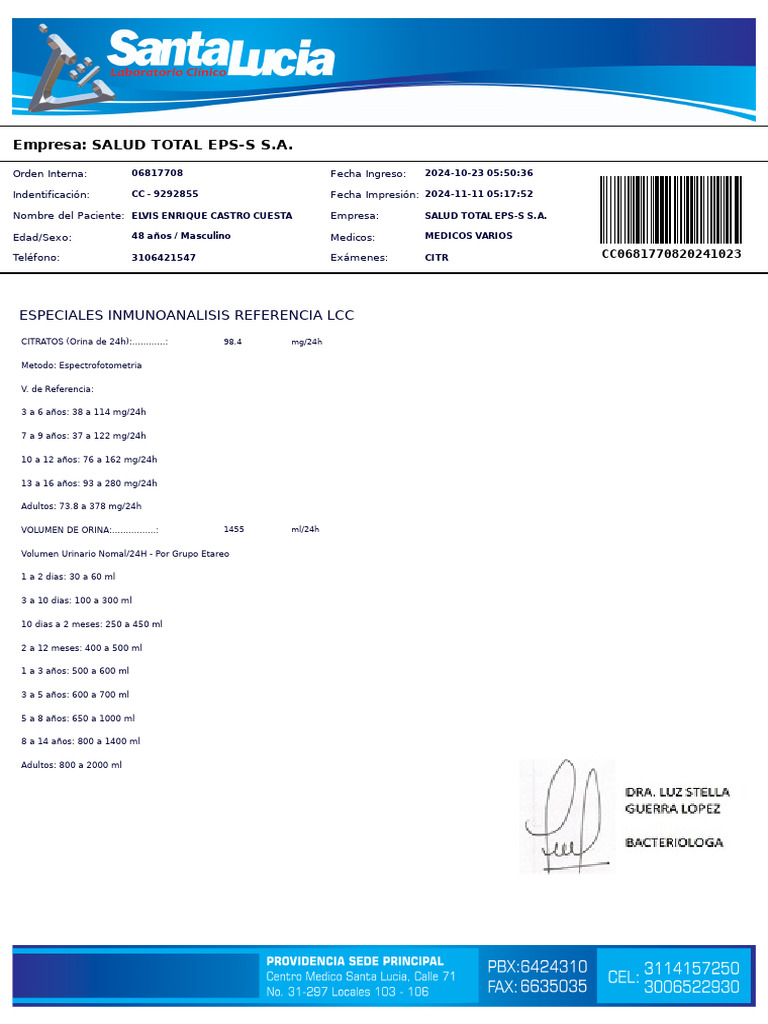 Empresa: Salud Total Eps-S S.A.: Especiales Inmunoanalisis Referencia ...