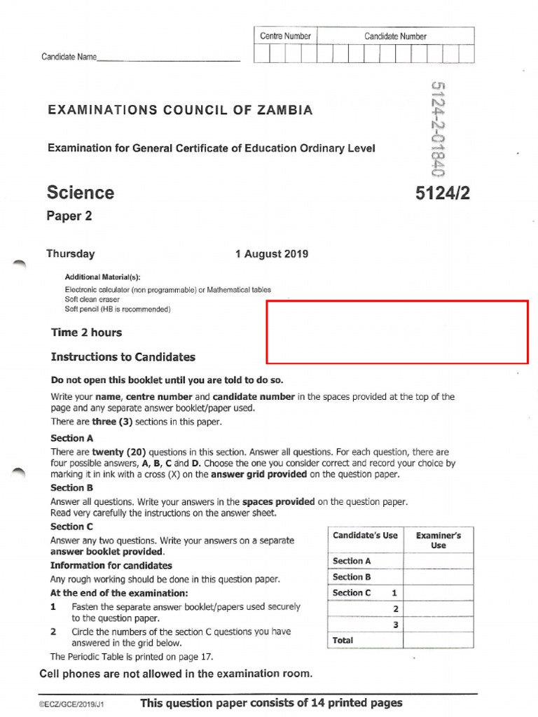 ECZ 2019 Gade 12 Sciense Paper 2 | PDF