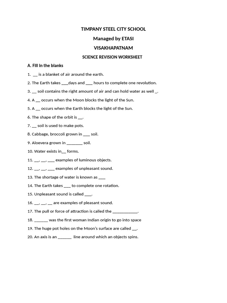 Science Revision Worksheet for Students | PDF