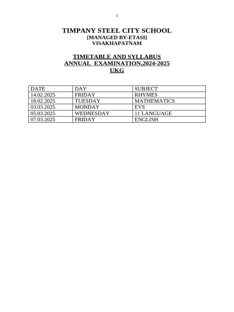 Ukg Annual Examination Syllabus and Timetable | PDF