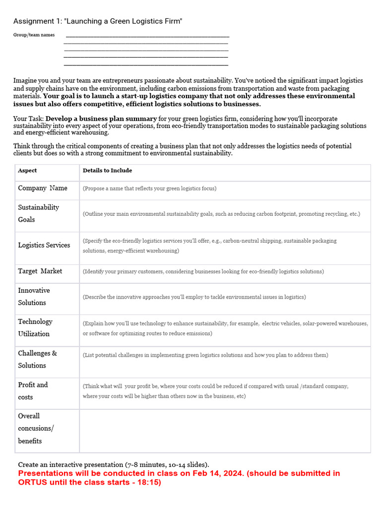 Green Logistics Business Plan Summary | PDF | Logistics | Sustainability