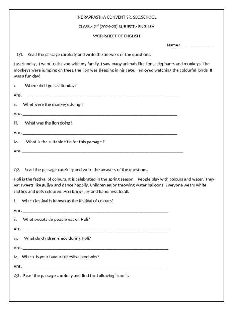 Worksheet of English - Class 2nd | PDF | Adjective | Verb