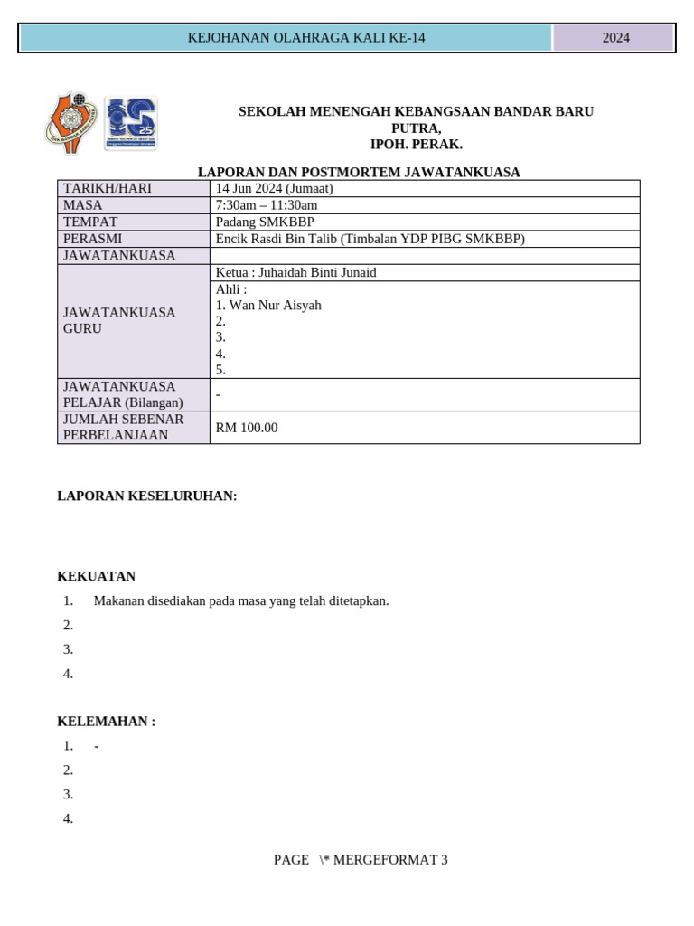 Laporan Dan Postmortem Kejohanan Olahraga 2024 | PDF