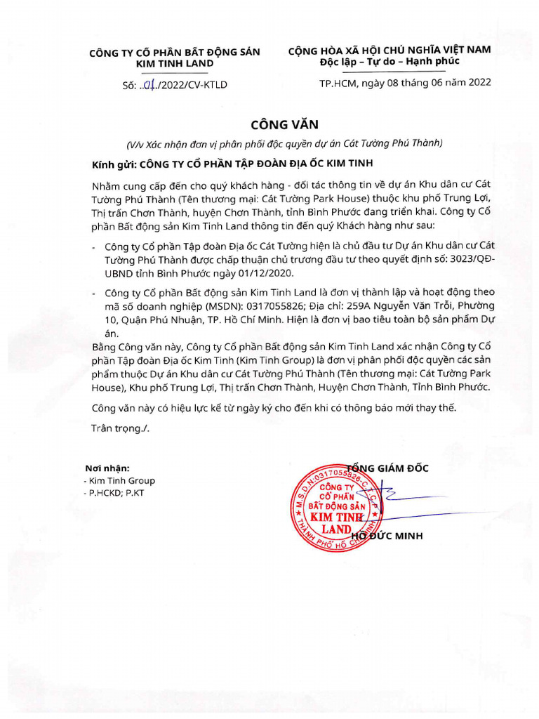 KTLD - 01.PTH. CV Thong Bao Doc Quyen | PDF