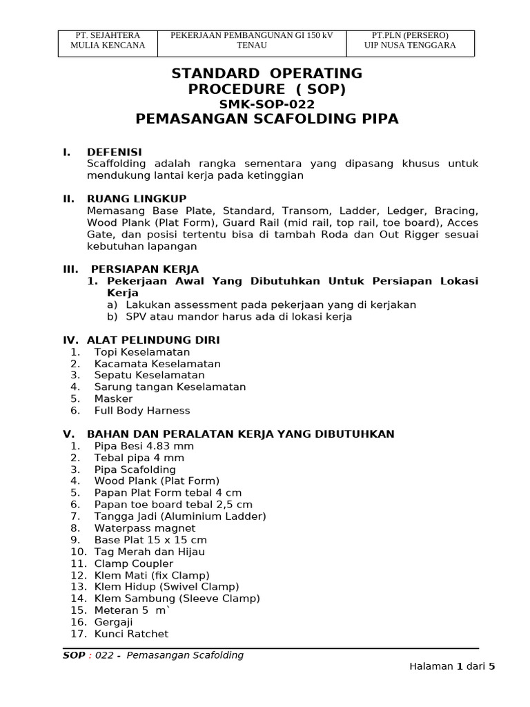 18 - 022 - SOP Pemasangan Scaffolding | PDF