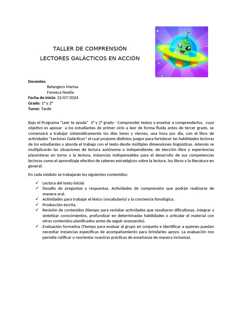 Taller de Comprensión - Lectores Galacticos | PDF