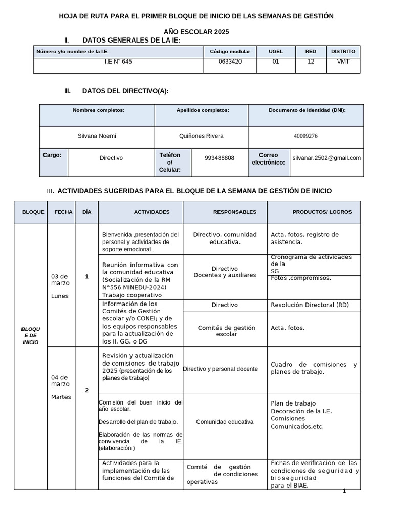 Hoja de Ruta de Las Dos Semana de Gestion - Primer Bloque 2025 - 645 | PDF