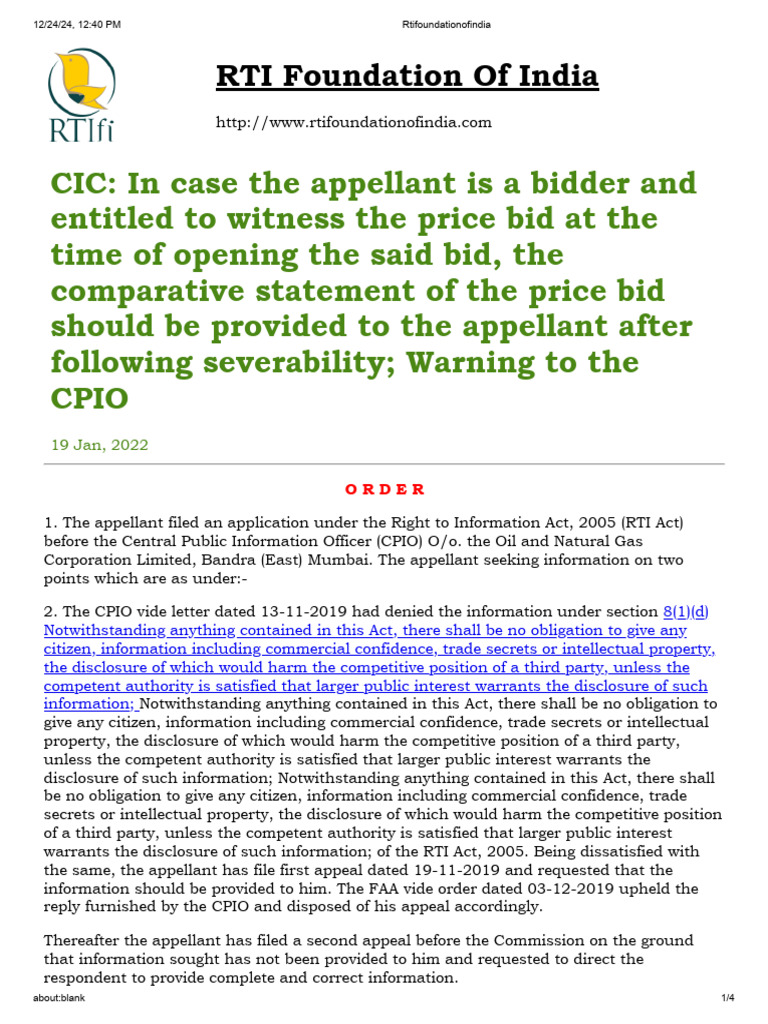 Post Conclusion of Tender Process, The Bidder Are Eligible To Seek Info ...