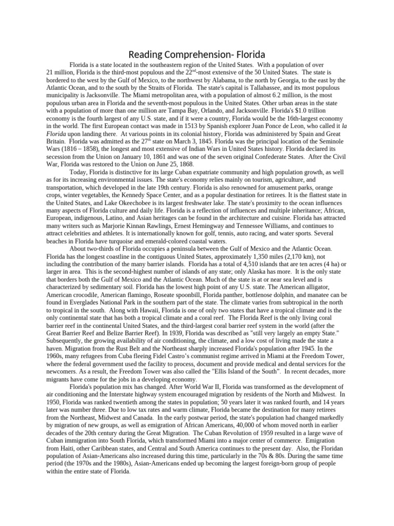 Reading Comprehension 3-05-25 | PDF | Florida | Cost Of Living