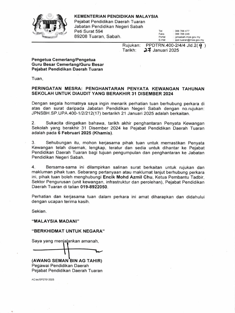 Surat Hebahan Penghantaran Penyata Kewangan Tahunan Sekolah Untuk | PDF