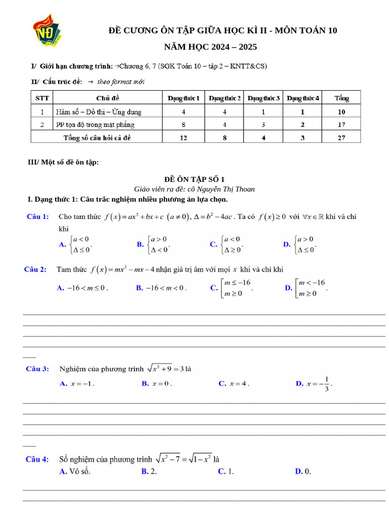 ĐỀ CƯƠNG TOAN 10 - GK2 | PDF